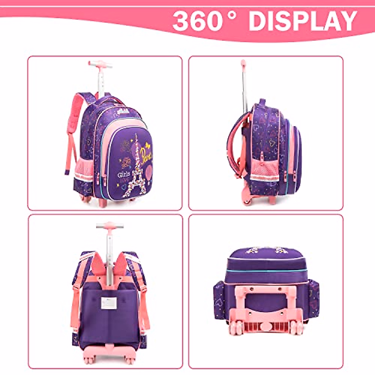 Meetbelify Kids Rollling Backpack for Girls Kids Luggage Suitcase with Lunch Box Set for Elementary Student Travel Backpack with Wheels for Girls Age 6-8 Purple School Bag