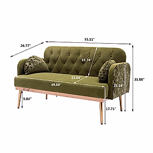55-inch Small Velvet Couch with Elegant Moon Shape Pillows, Twin Size Loveseat Accent Sofa with Golden Metal Legs, Living Room Sofa with Tufted Backrest, 600 Pounds Weight Capacity, Green