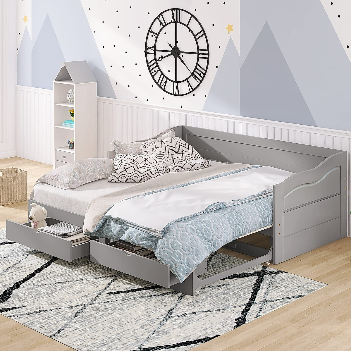 Polibi Extendable Daybed, Wooden Daybed with Trundle and Two Drawers, Convertible Sofa Bed with 2 Storage Drawers, Can be Expanded from Twin Size to King Size (Grey)