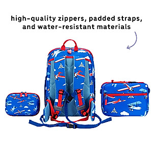 uninni Airplane Kids Backpack Set for Age 5+, with Insulated Lunch Bag and Cute Pencil Case, Lightweight, School and Travel Storage Organizers for Boys and Girls