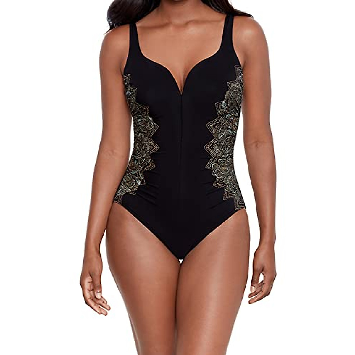 Miraclesuit Women's Petal Pusher Temptress Tummy Control Soft Cup One Piece Swimsuit, Black/Multi, 16