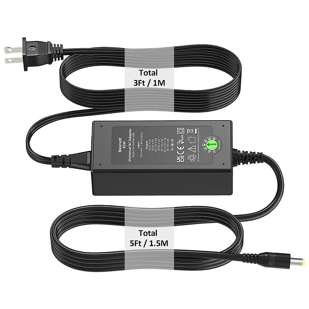 Basicvolt Universal AC Adapter 15V 13.5V 12V 9V 7.5V 6V 5V 3A 2.5A DC Power Supply for 5 to 15 Volt Household Electronics, 45W Max