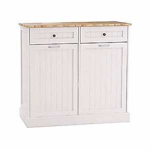OQSC Double Tilt Out Trash Cabinet with 2 Drawers Wooden Free Standing Laundry Sorter Cabinet Kitchen Recycling Trash Can Bin Holder Cabinet with Storage (White)