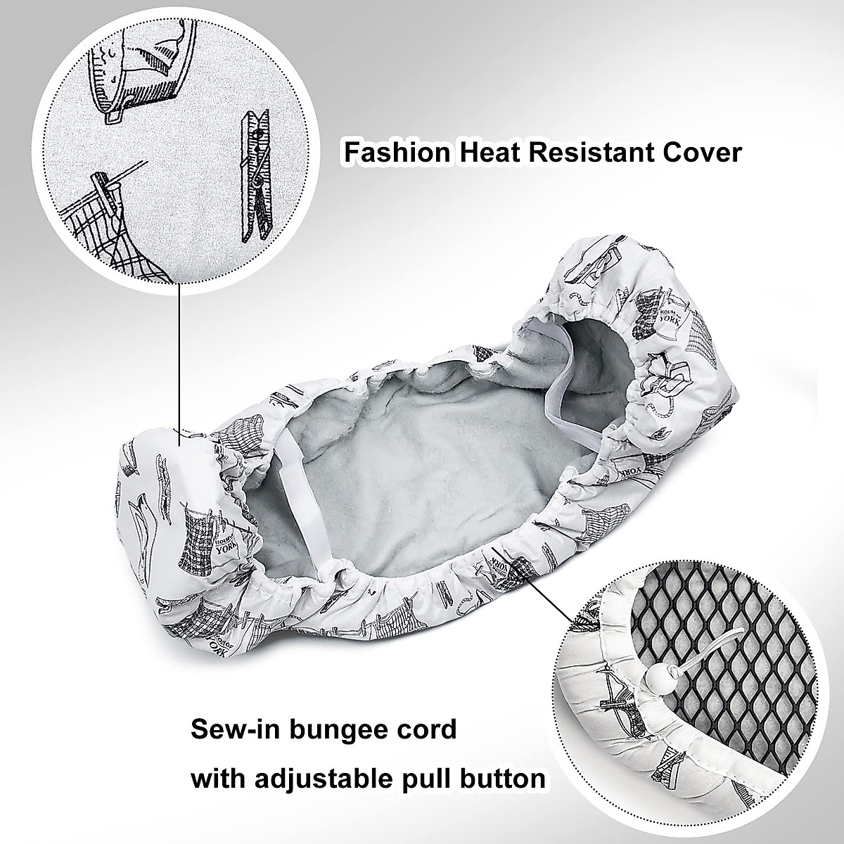 Duwee 15x54 inch Heat Resistance Metallic Ironing Board Cover Durable Felt Material Padding, Sew-in Bungee Cord, Easily Handle and Fits Board Beautifully(Iron Patten)