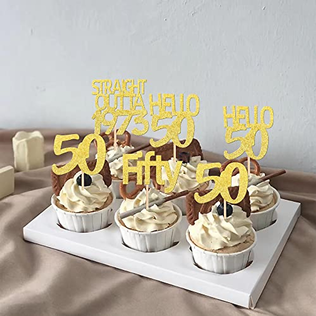 36PCS Happy 50th Birthday Cupcake Toppers Gold Glitter Fifty Hello 50 Straight Outta 1973 Cupcake Picks for Cheers to 50 Years Birthday Wedding Anniversary Party Cake Decorations Supplies