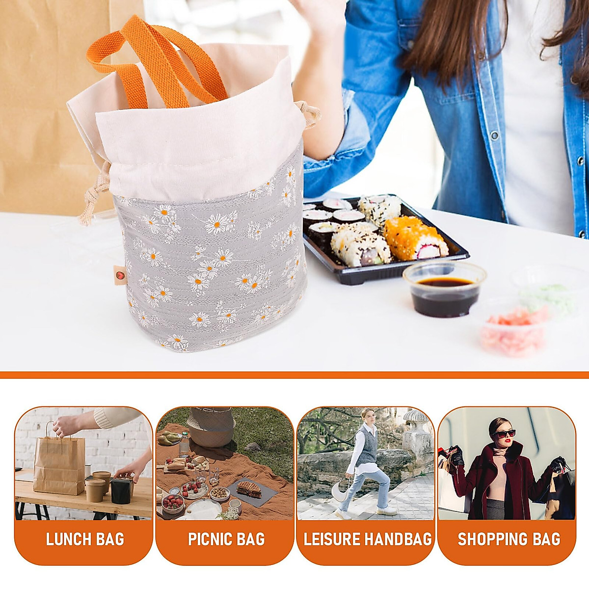 Cabilock Lunch Bag Insulated Folding Lunch Bag Bento Box Drawstring Bag Portable Lunch Holder Daisy Pattern Bento Box Bag Cute Tote
