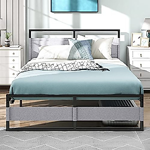 LIFERECORD Queen Metal Platform Bed Frame with Headboard and Pocket, Heavy Duty Steel Slat Bed No Box Spring Needed Noise Free Modern