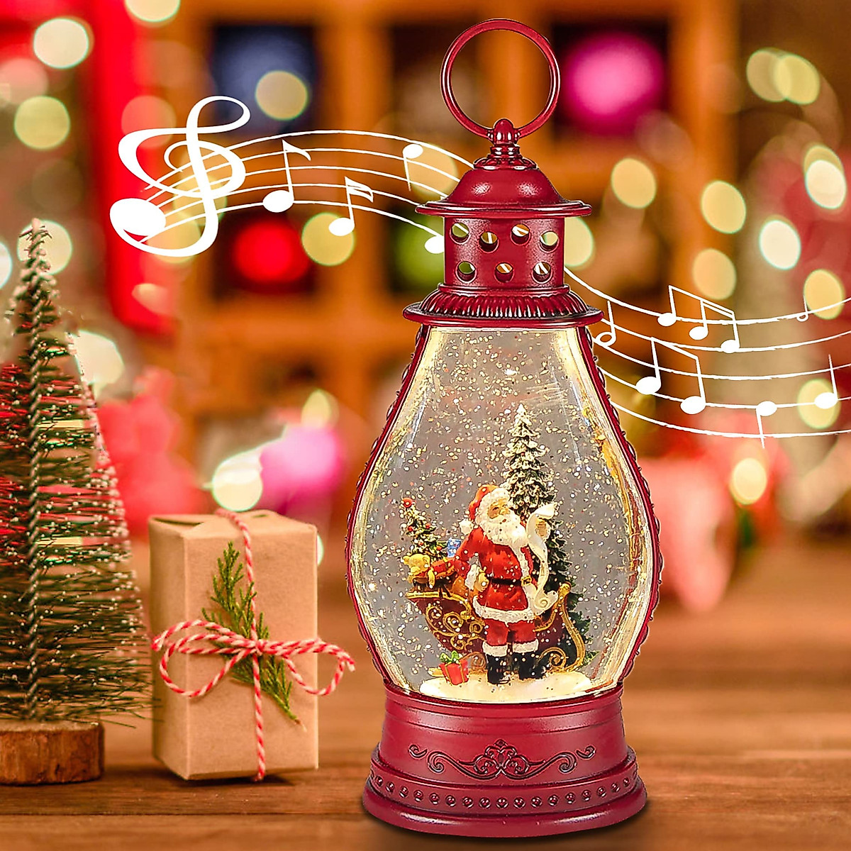 XPHOME Lighted Christmas Snow Globe Lantern Snowglobe Musical Battery Operated with Santa Claus Tree Glittering Swirling USB 6H Timer Home Decoration Holidays Decor and Gift