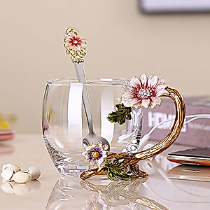 JY-Danbady Enamel Sunflower Crystal Lead-Free Glass Tea Cup with Spoon Set, Present for The Christmas, Valentine's Day.Best Present for Mother, Grandma, Girlfriend, Sister.