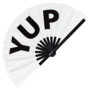 Yup hand fan foldable bamboo circuit hand fan funny gag slang words expressions statement gifts Festival accessories Rave handheld Circuit event fan Clack fans (White)