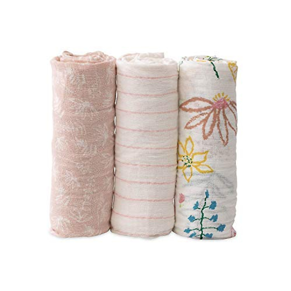 Red Rover Kids Cotton Muslin Swaddle - 47” x 47”- 100% Cotton – Machine Washable – Softer with Every Wash – Playful Designs - Soft, Breathable & Lightweight – Unisex - 3 Pack (Pastel Petal)
