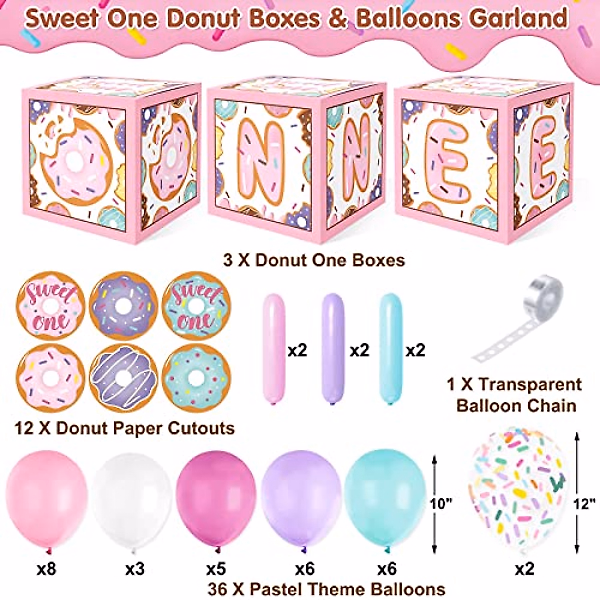 Levfla Donut One Balloons Boxes Decoration Pastel Baby First Birthday Backdrop Blocks Sprinkles Photo Props Cutouts Sweet One Year Anniversary Celebration Cake Smash Favor Ideas