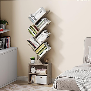 Vagusicc 6 Tier Tree Bookshelf, Modern Floor Standing Bookcase with Storage Drawer, Space Saving Storage Organizer Book Shelves for Books, Tall Wood Storage Rack for Bedroom/Living Room/Home Office