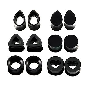 Aienid 12Pcs Silicone Ear Gauges 0G, Dangle Gauges Black Plugs and Tunnels Set Gauge Sets Ears Multi Shape Hoop