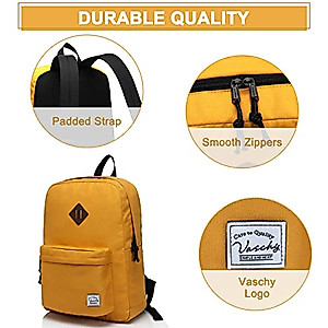 VASCHY Lightweight Backpack for School, Classic Basic Water Resistant Casual Day-pack for Travel with Bottle Side Pockets (Gold)