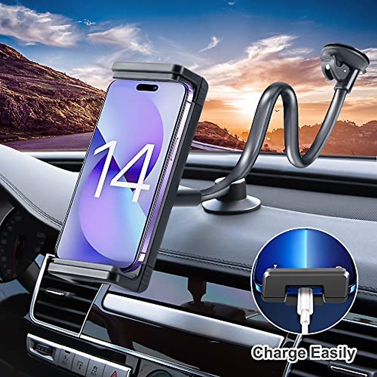 Newward Car Phone Holder Mount, 13'' Long Arm Truck Cell Phone Holder for Car Windshield with Strong Suction Cup Anti-Shake Stabilizer, Compatible 4.7-12.9 Inch Smartphone and Tablet iPad