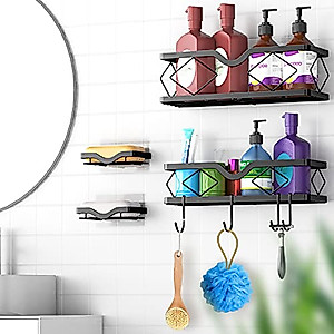 Kadolina 2-Pack Adhesive Shower Caddy with 2 Soap Dishes Holder, Bathroom Shower Storage Shower Shelves Basket, No Drilling Shower Organizer for Inside Shower, Rustproof Stainless Steel (Black)