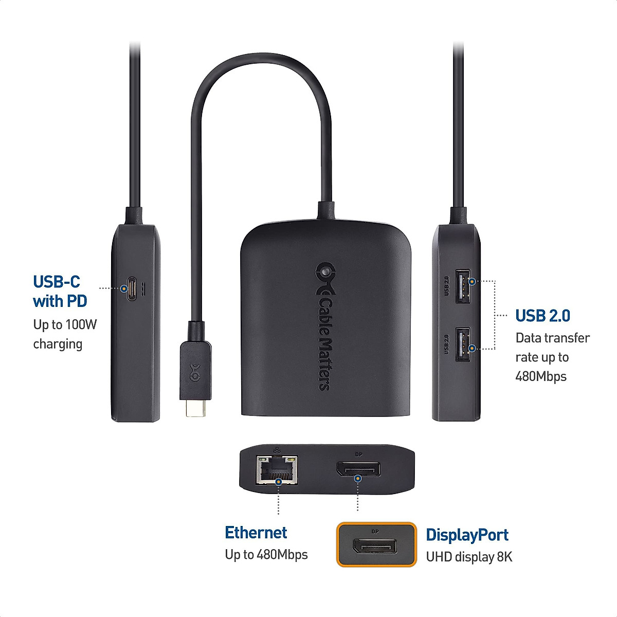 Cable Matters USB 3.0 KVM Switch DisplayPort 1.4 for 2 Computers and USB C Hub DisplayPort 1.4 Bundle
