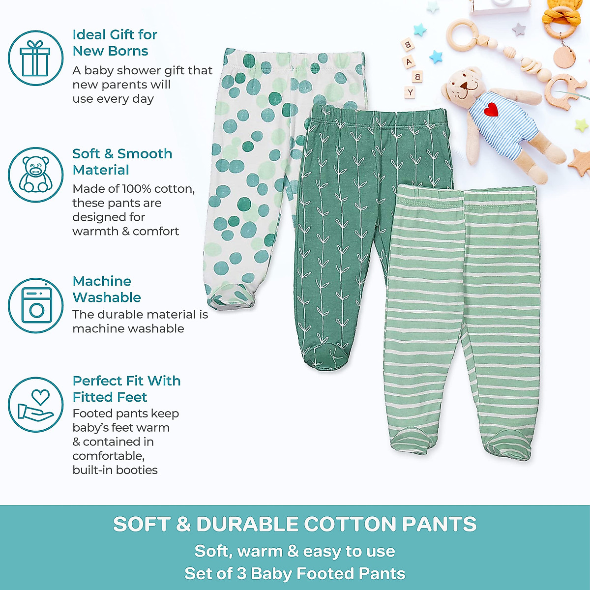 Spasilk 3 Pack Cotton Footed Pants for Baby Boy and Baby Girl — Baby Clothes Unisex — Newborn Baby Pants