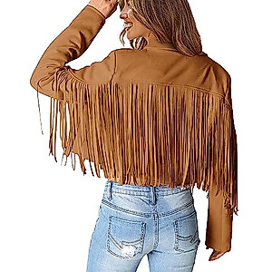 PRETTYGARDEN Women's Fringe Faux Suede Leather Jackets 2023 Fashion Tassel Motorcycle Cropped Coats (Brown Yellow,Small)