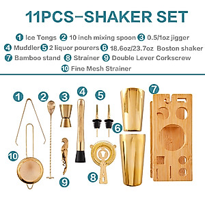AUOXIOUYM 11-Pcs Cocktail Shaker Set Gold,Bartending Kit Stainless Steel Shakers 25oz Bar Kits for Bartender Mixing Set Barware Tool Sets for Professional Bartender and Home