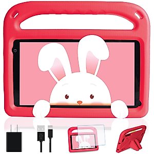 2024 Kids Tablet for Kids Android Tablet 7 inch 128GB Extended Memory, Google Play Installed Parental Control Mode Puzzle Game IPS HD Display, Toddler Tablet with Shock-Proof Case, Red