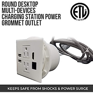Round Desktop Conference Room Power Grommet Outlet, FITS 3 1/8" - 3 1/4" 2 (TR) AC Outlets, 2 USB Charging Ports, 1 CAT 6, 1 HDMI, ETL Listed (DC-8589_White-Square)