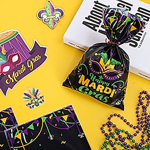 Whaline 100Pcs Happy Mardi Gras party Bags Masquerade Mask Pattern Cellophane Bag with Purple Green Yellow Ribbon Carnival Goodie Cookie Treat Bags for New Orleans Mardi Gras Party Favor Supplies