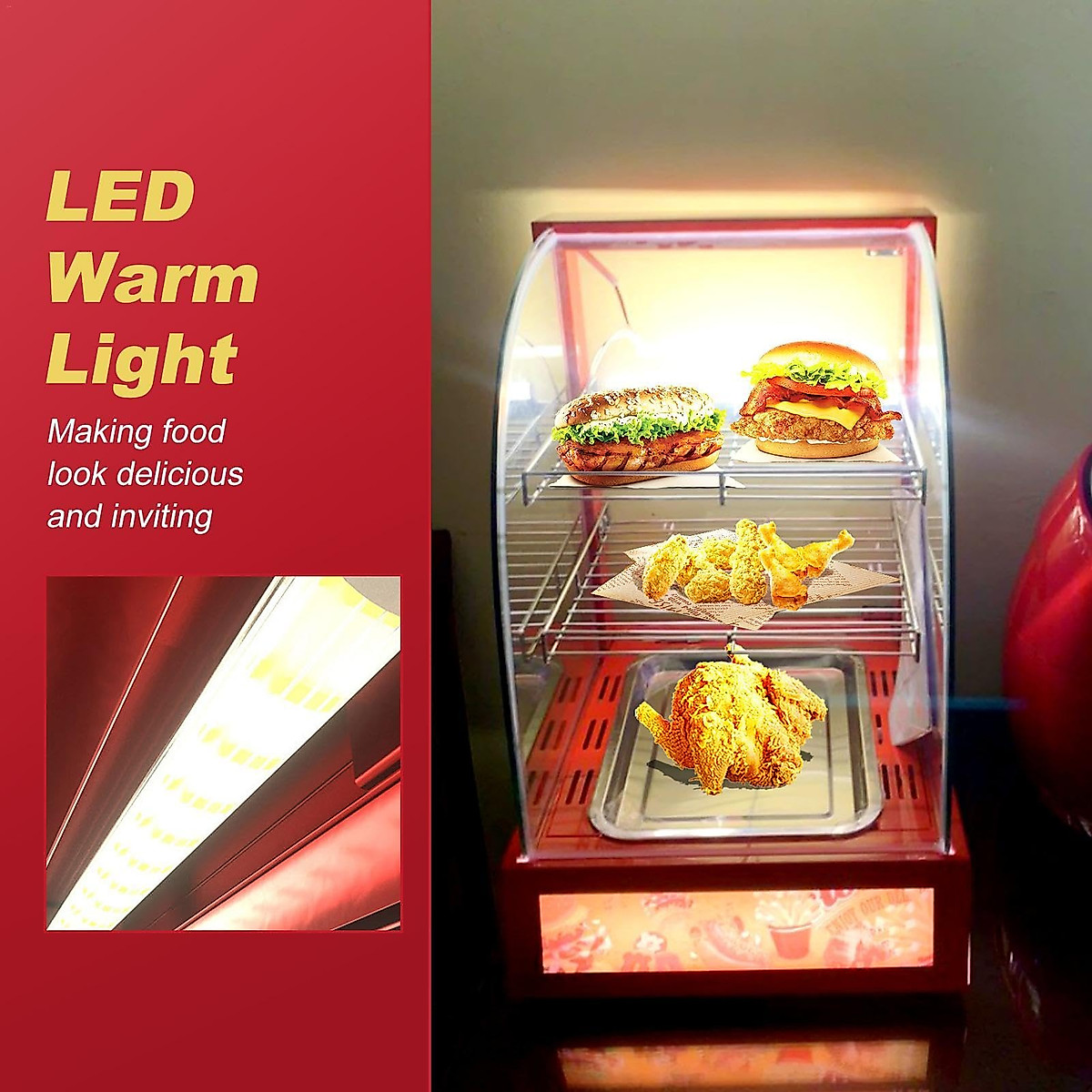 Food Warmer Display, 500w Commercial Food Warmer Display Pizza Warmer, 3-Tier Electric Countertop Food Warmer Stainless Steel Charcuterie Hot Warming Display, for Pizza, Pastries, Pies, Bread