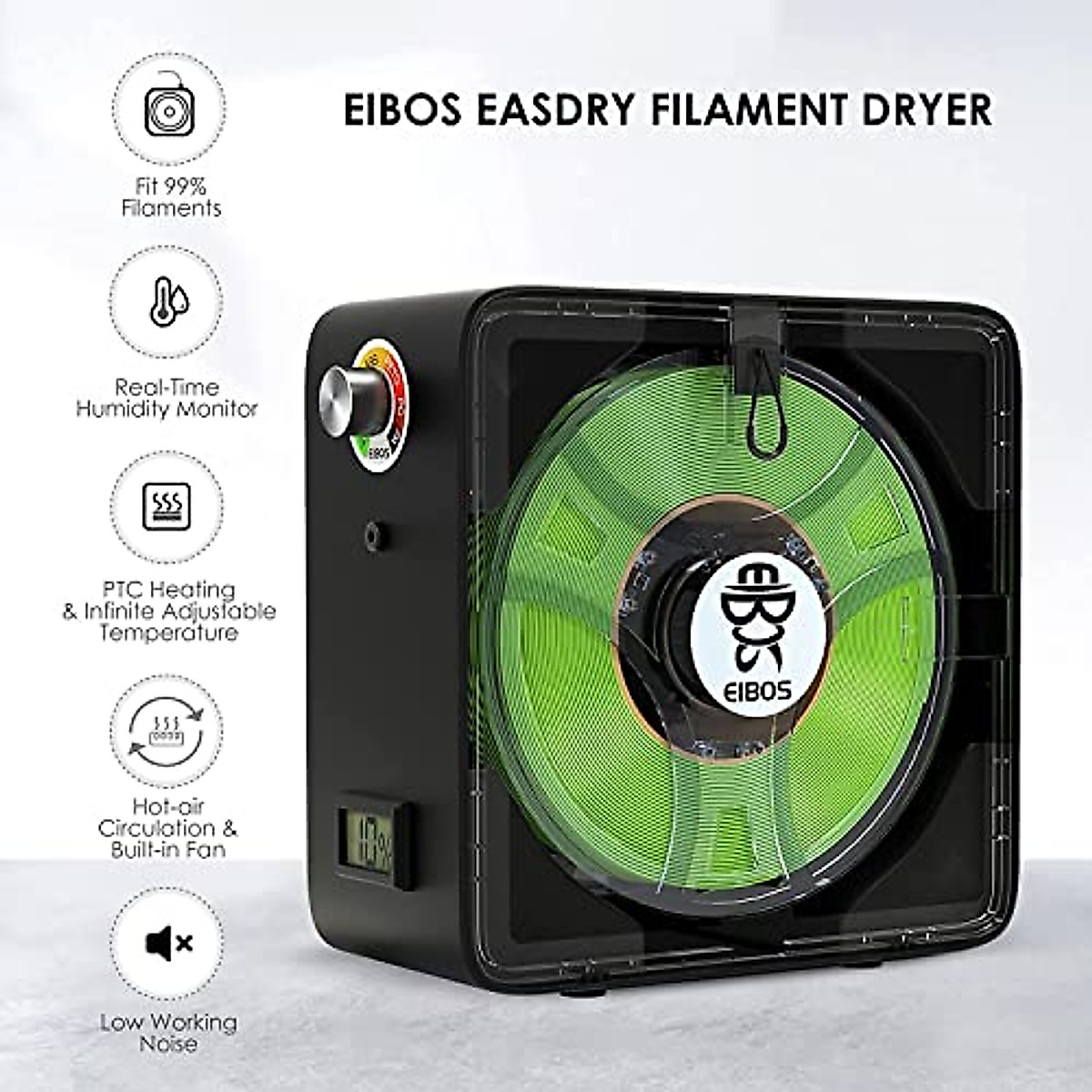 【EIBOS Official】3D Printer Filament Dryer Easdry Box with Fan, Adjustable Temperature, Humidity Control & Spool Holder, Compatible with 1.75mm 2.85mm 3.00mm Nylon, PLA, ABS