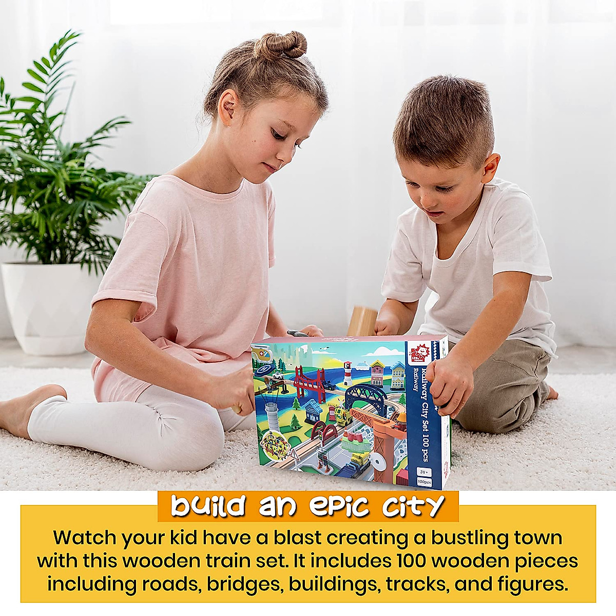 Leo & Friends 100 Piece Railway City Track Set - Educational Wooden Toy Construction Kit for Preschoolers Aged 3 Years and Above - Train Toy for Active Learning Multicolor