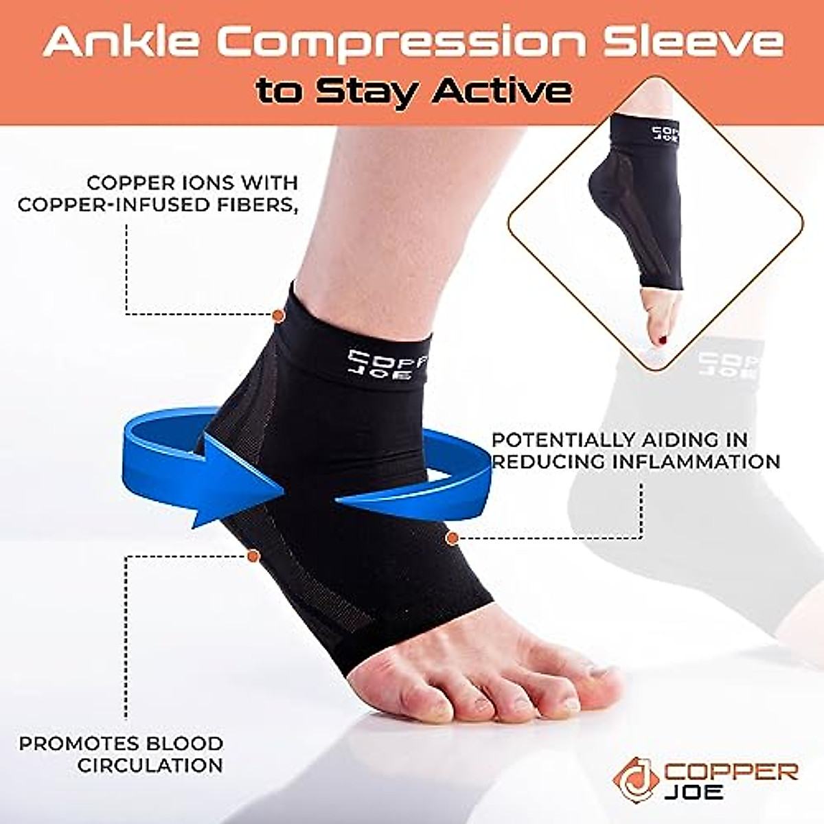 Copper Joe Ankle Brace Compression Sleeve with Heel Pain Relief, Foot Brace, Ankle Wrap Support with Foot Arch Recovery for Plantar Fasciitis Socks, Sprained Ankle for Men & Women One Pair, Large
