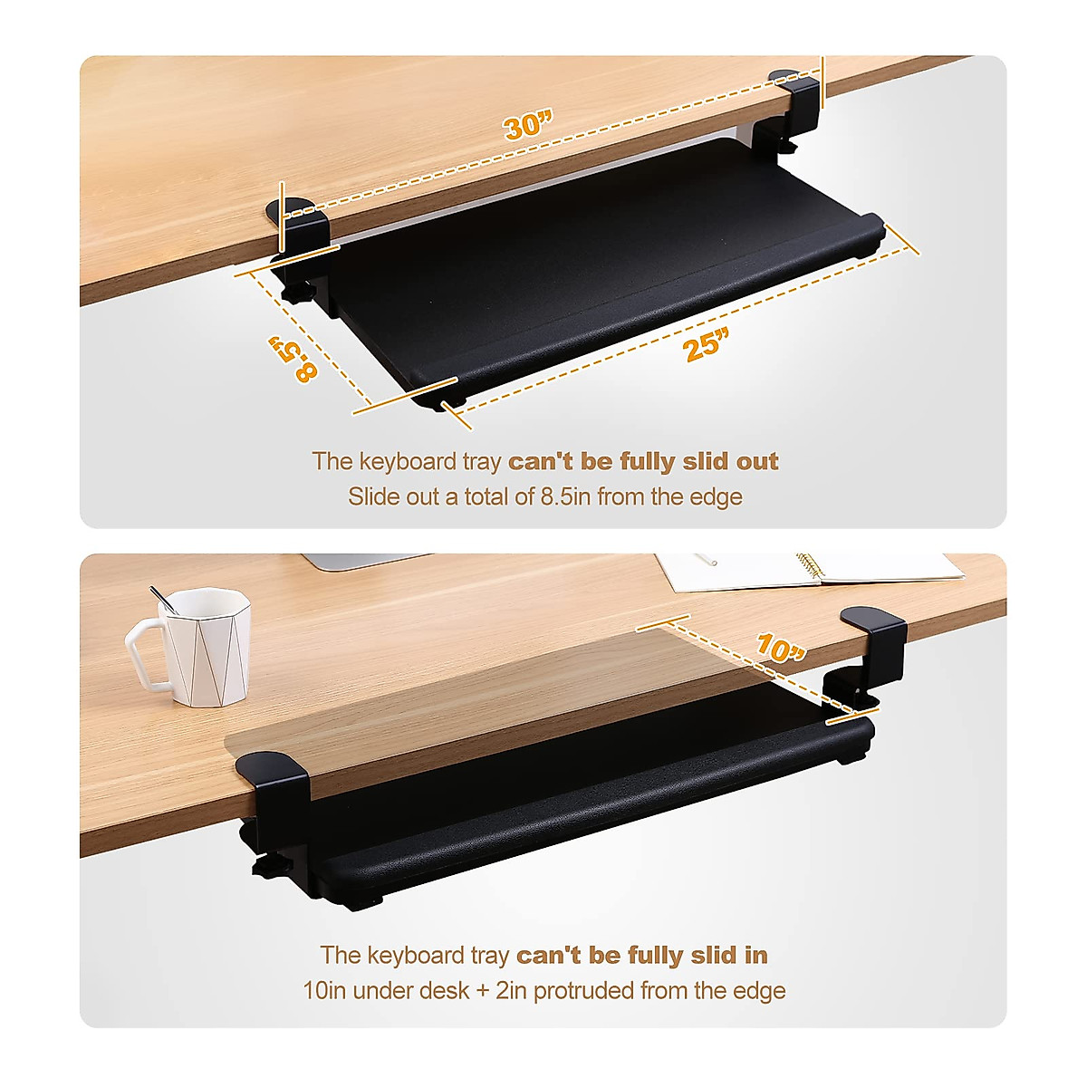 FlexiSpot Large Keyboard Tray Under Desk Ergonomic 25 (30 Including Clamps) x 12 in C Clamp Mount Retractable Adjustable Mouse Computer Keyboard Platform Tray Slide-Out Keyboard Drawer Shelf (Black)