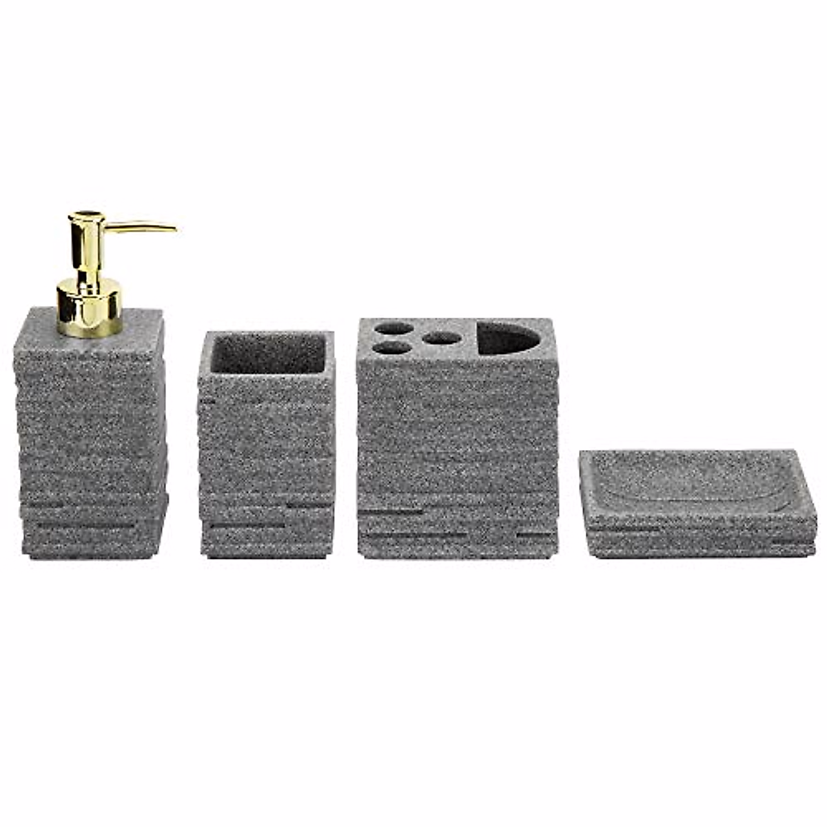 MyGift 4 Piece Gray Bathroom Accessories Set, Modern Stone Style Bath Decor Countertop Organizers Includes Brass Tone Lotion/Liquid Soap Dispenser Pump, Toothbrush Holder, Tumbler, and Soap Dish