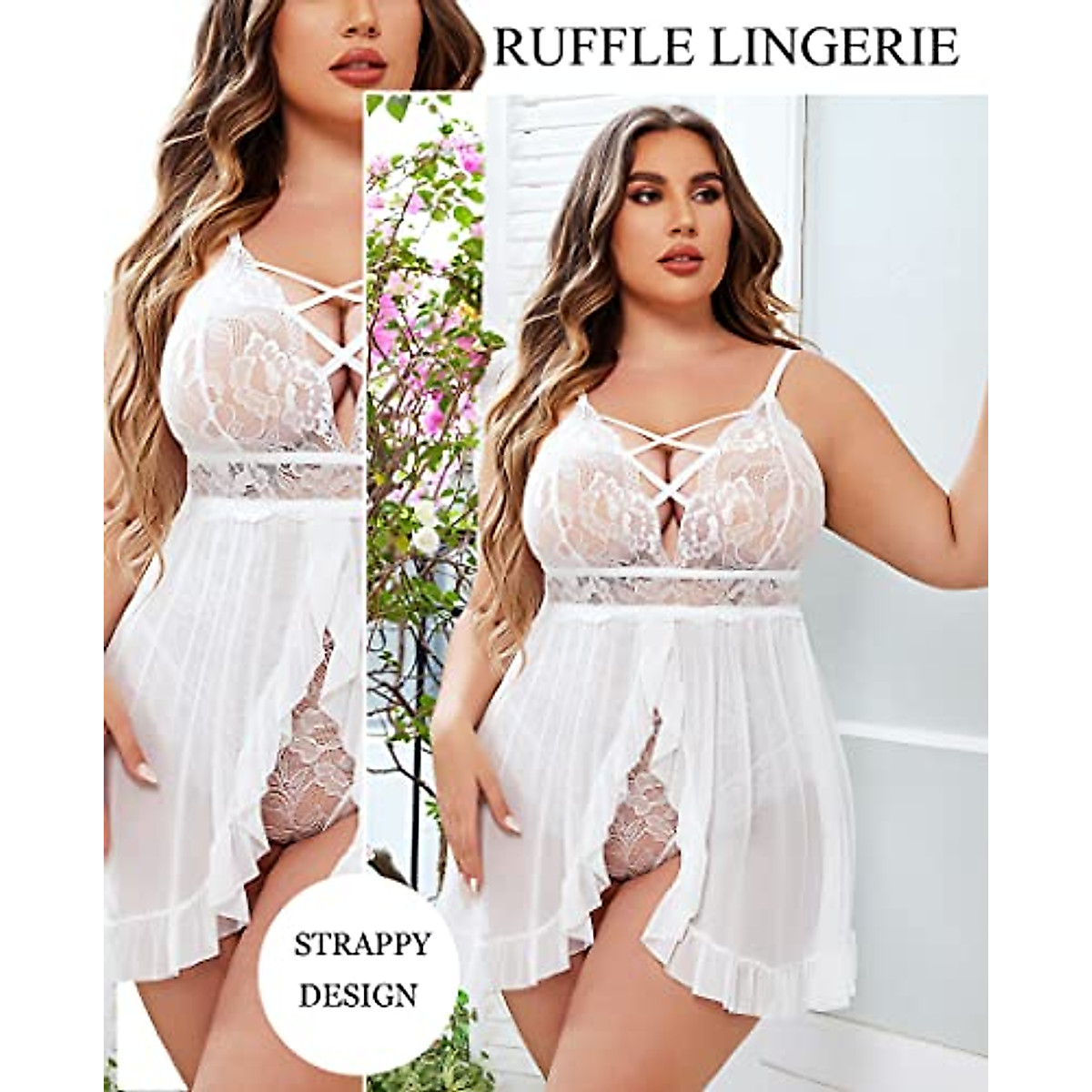 Avidlove Plus Size Lingerie Women Lace Mesh Babydoll Sexy Chemise Curvy Women V Neck Ruffle Nighty(White,XXL)
