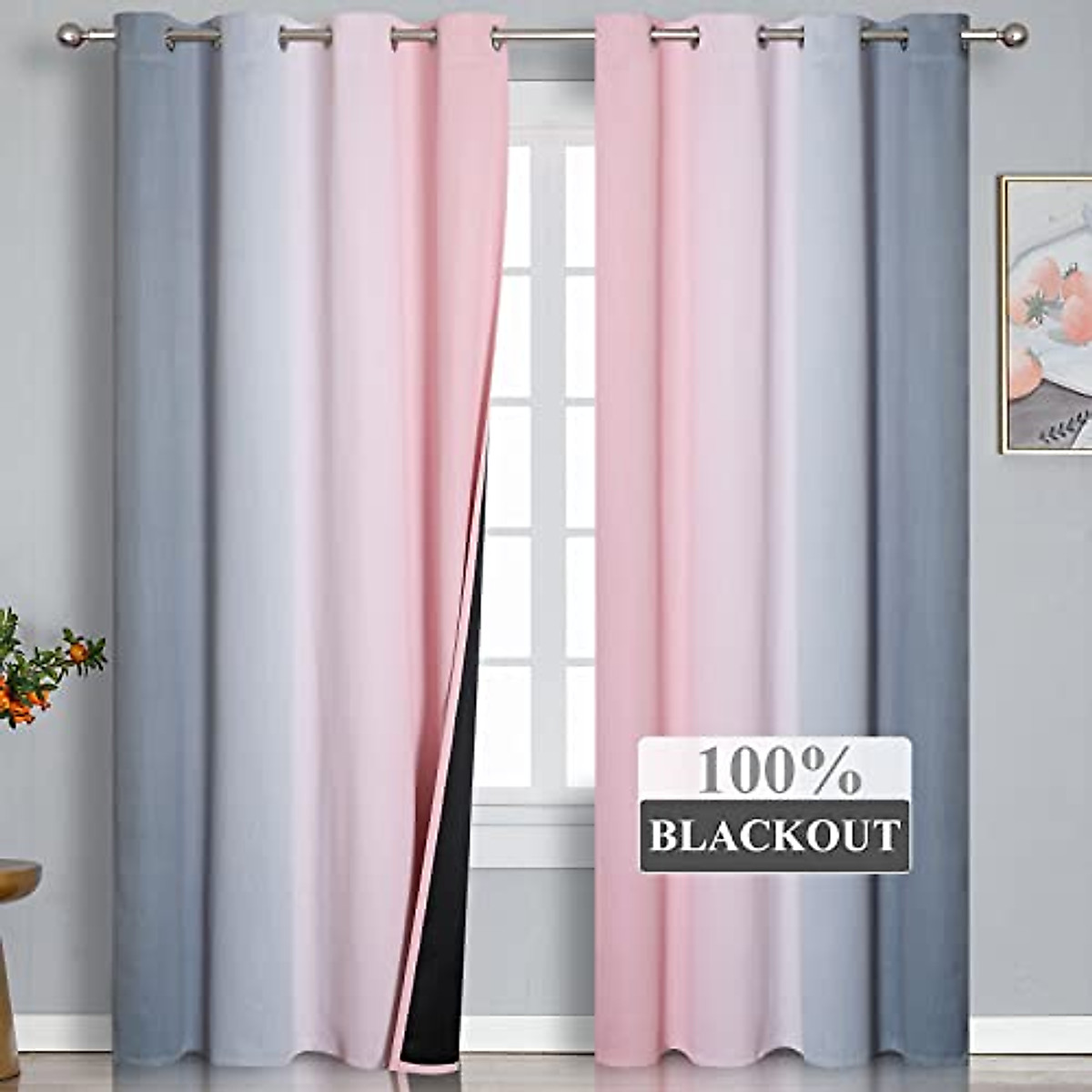 Pink and Grey Blackout Curtains 84 inch Length,Ombre Full Room Darkening Window Curtains for Living Room,Grommet Thermal Insulated Drapes,Light Blocking Curtains for Girls Bedroom,52x84 Inch, 2 Panels