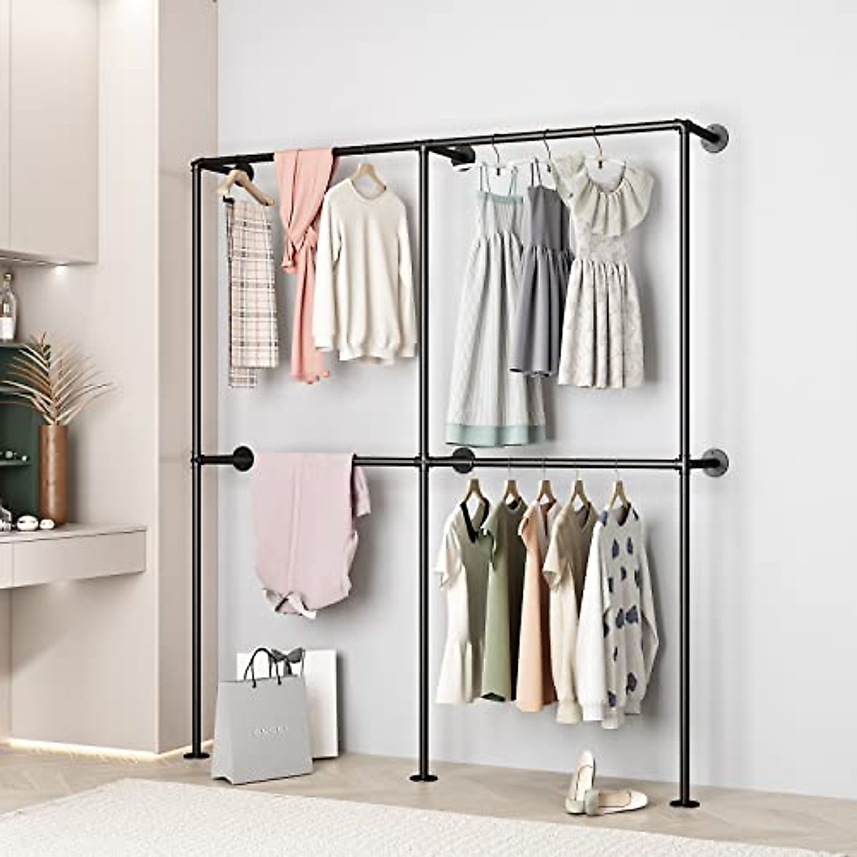 BOSURU Industrial Pipe Clothing Rack Wall Mounted,Clothes Racks with Double Hanging Rods for Closet Storage(Black)