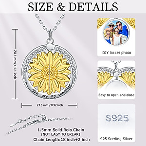You are My Sunshine Necklace Sunflower Jewelry for Women - 925 Sterling Silver Locket with Engraved Hidden Message Pendant Mother's Day Gifts for Couples Mother Daughter (Gold Photo Locket)