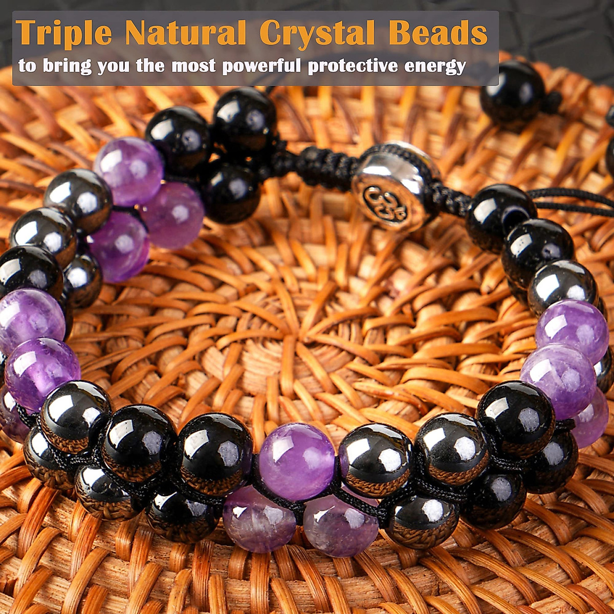 Triple Protection Bracelets for Men Women, Genuine Amethyst Black Obsidian Hematite 8mm Beads Bracelet, Handmade Natural Stone Bracelets for Protection Healing Balance Birthday Anniversary Gift