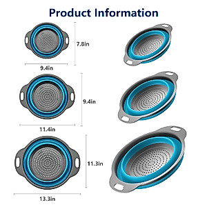 Collapsible Colander Set of 3 - Heat Resistant Washing and Draining of Vegetables Fruits Pasta - Perfect for Kitchen and Travel Use (3PCS-Blue)