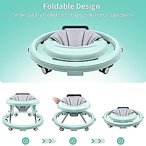Baby Walker with Wheels, Activity Center with Mute Wheels Anti-Rollover, 5-Position Height Adjustable Foldable Baby Walker for Boys and Girls from 6-18 Months with Footrest
