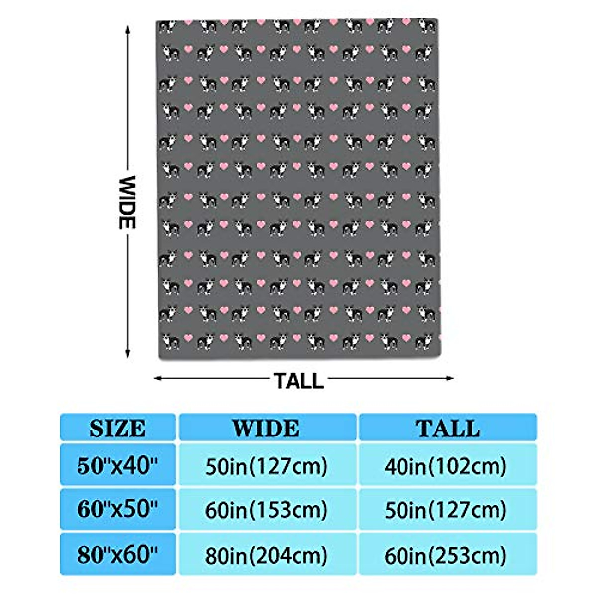Boston Terrier Love Hearts Gray Throw Blanket Soft Lightweight Flannel Blanket Fuzzy Sofa Fleece Blanket for Use in Bed Living Room Home Beachh Couch Travel 50"x40" for Kid Baby