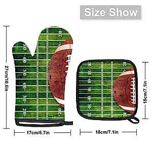 American Football Field Oven Mitts and Pot Holders Sets Heat Resistant Non Slip Oven Glove and Insulated Kitchen Counter Mat Suitable for Cooking Baking Grill
