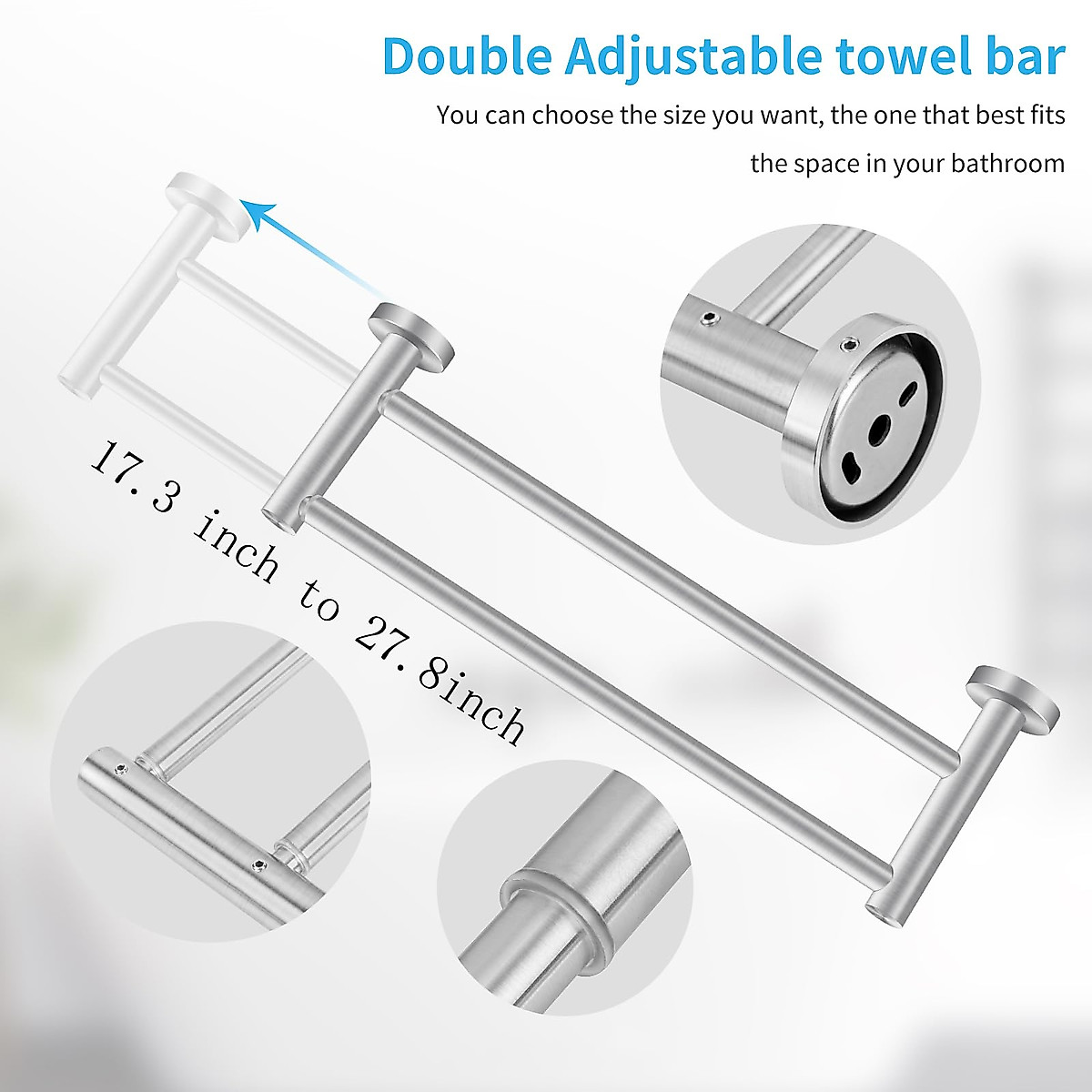 2PCS Double Adjustable Brushed Nickel Towel Bar 17 to 27 Inch, SUS304 Stainless Steel Towel Rack Wall Mounted