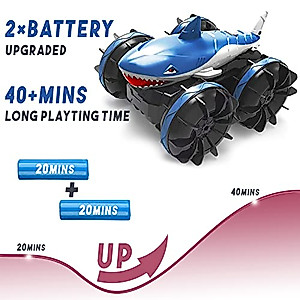Desdoni Amphibious Remote Control Car 2.4 GHz Waterproof Off Road RC Shark Truck 4WD Stunt Car 360° Rotation All Terrain RC Truck for Adults Boys Girls Kids Gift 2Pcs Rechargeable Batteries