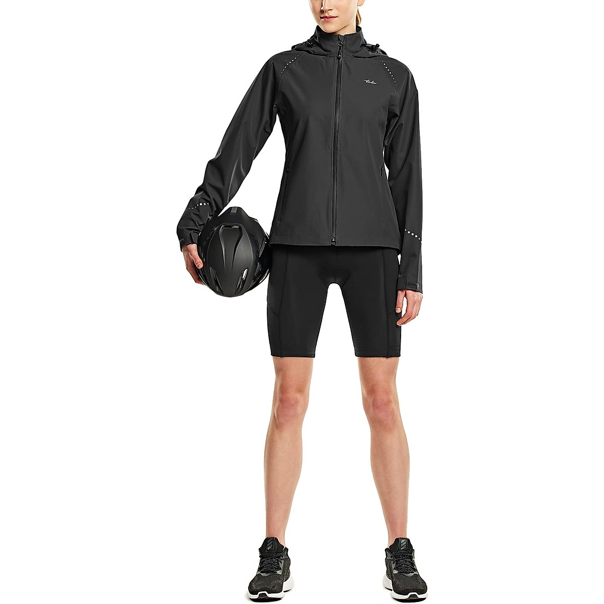 TSLA Women's Cycling Windbreaker Jacket, Waterproof Running Workout Rain Jackets, Packable Reflective Hiking Hoodie, Cycling Black, Small
