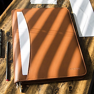 COSSINI Premium Business Portfolio with Zipper – Padfolio - Superior Business Impressions Begin with PU Vegan Leather, 10.1 Inch Tablet Sleeve, Smart Storage, Solar Calculator, Writing Pad - Tan