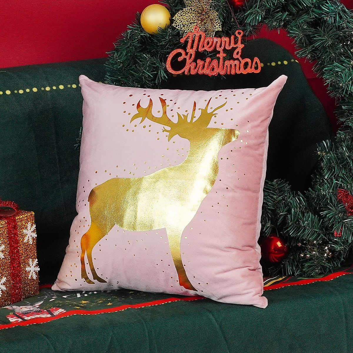 ONWAY Pink Gold Christmas Decorations Throw Pillow Covers 18x18 Set of 4 Snowflakes Reindeer Decorative Cushion Cases Xmas Golden Decor for Couch Sofa Bedroom