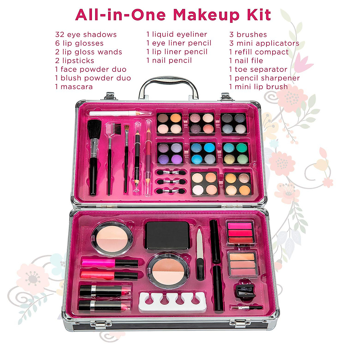 Vokai Makeup Kit Set - 32 Eye Shadows 6 Lip Glosses 2 Lip Gloss Wands 2 Lipsticks 1 Face Powder Duo 1 Blush Powder Duo 1 Mascara - Case with Carrying Handle