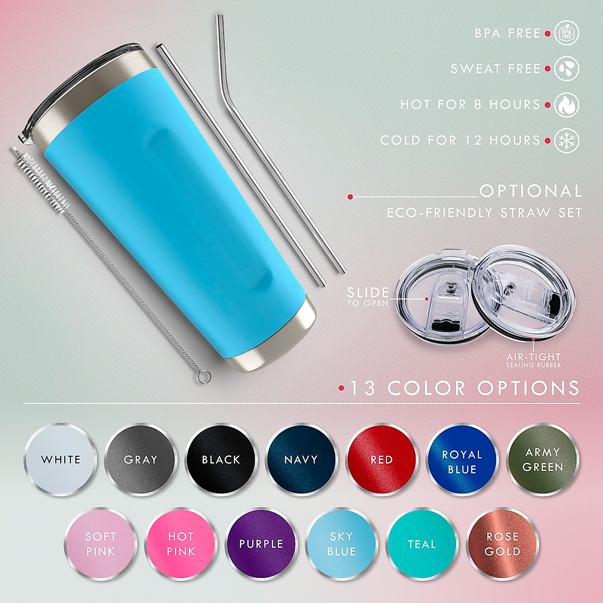 Personalized Tumbler with Engraved Name - 12 Designs, 20 Oz Coffee Tumbler with Slider Lid, Rose Gold, Double Wall Insulated - Custom Gifts for Women